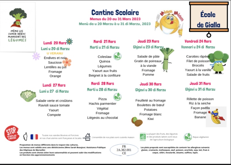 Menus cantine scolaire - Mairie de San Gavino di Carbini