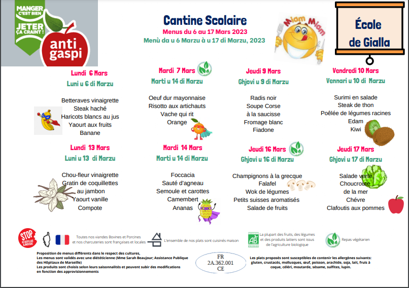 MENUS Cantine Scolaire - Mairie de San Gavino di Carbini