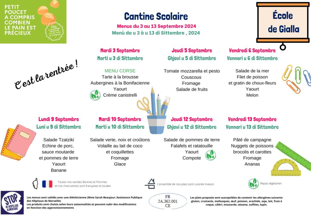 Menus de la rentrée - Mairie de San Gavino di Carbini